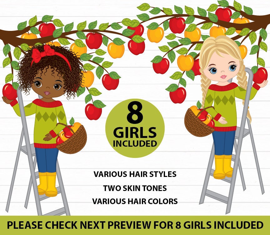 Girls Picking Apples Clipart Vector Apples Clipart Girls | Etsy