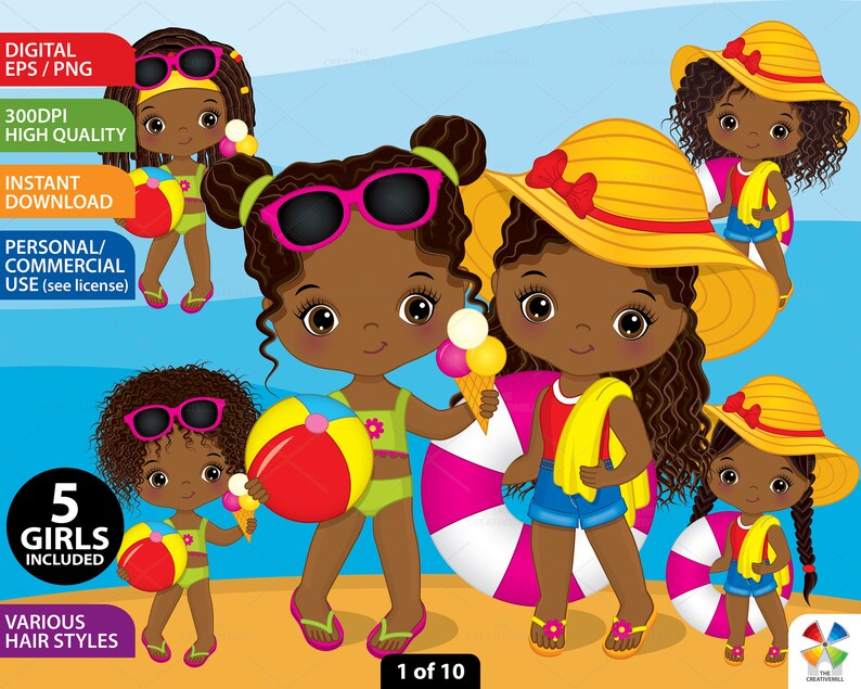 Afro Girl Beach Clipart Vector Summer Girl Cute Little Girl - Etsy