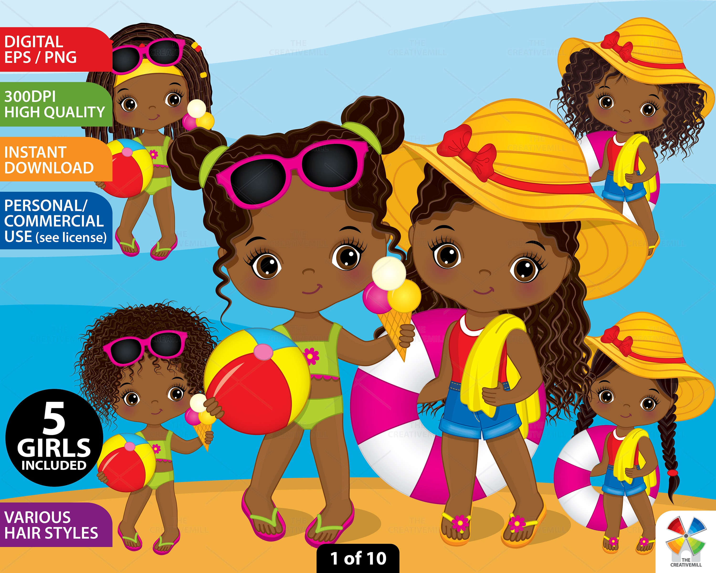 Afro Girl Beach Clipart, Vector Summer Girl, Cute Little Girl, Doll ...