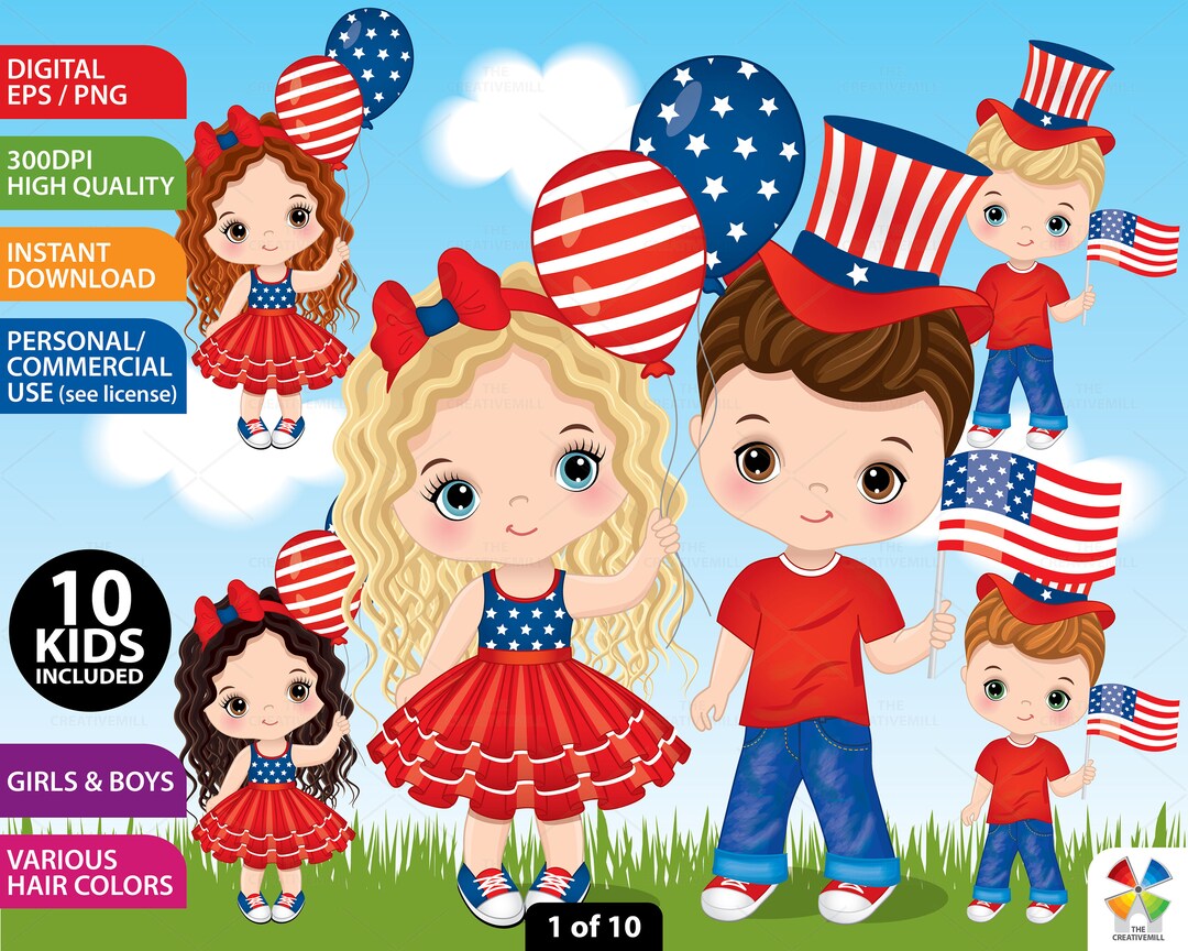 Happy 4th July Kid Clipart, Vector Patriotic, Cute Boy, Girl, USA ...