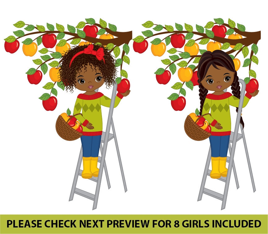 Girls Picking Apples Clipart Vector Apples Clipart Girls | Etsy