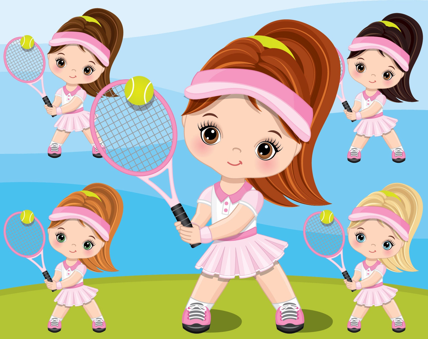 Tennis Girl Clipart Vector Tennis Pink Cute Girl Sport | Etsy