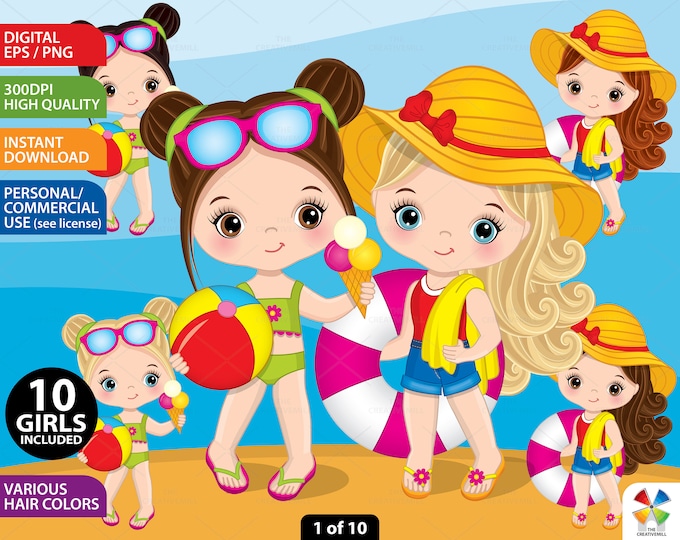 Girls at the Beach Clipart - Clip Art and Digital paper set - Digital ...