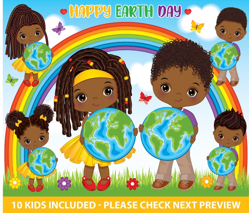 Earth Day Clipart Vector Environment Cute Boy Afro Girl | Etsy