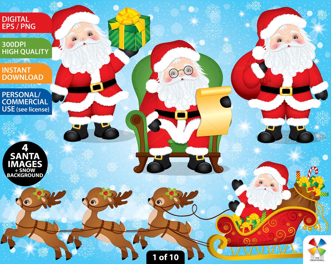Santa Claus Clipart, Vector Santa, Merry Christmas, Xmas PNG, Reindeers ...