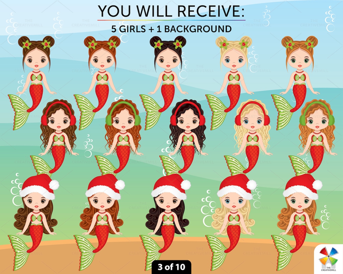 Christmas Mermaid Clipart Vector Cute Girl Xmas Mermaid PNG - Etsy