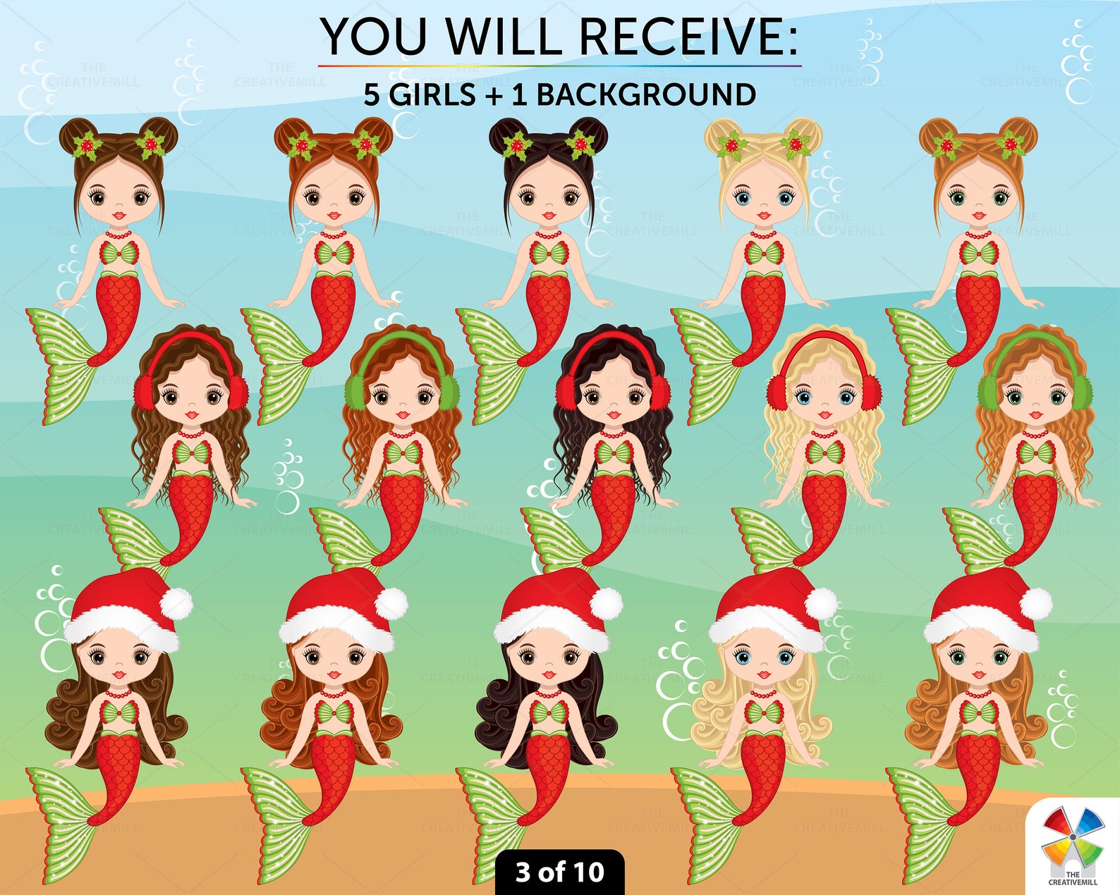 Christmas Mermaid Clipart Vector Cute Girl Xmas Mermaid PNG - Etsy