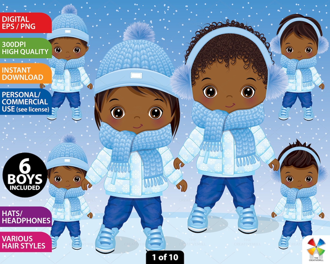 Cute Winter Boy Clipart, Vector Little Boy, Doll, Afro Character ...