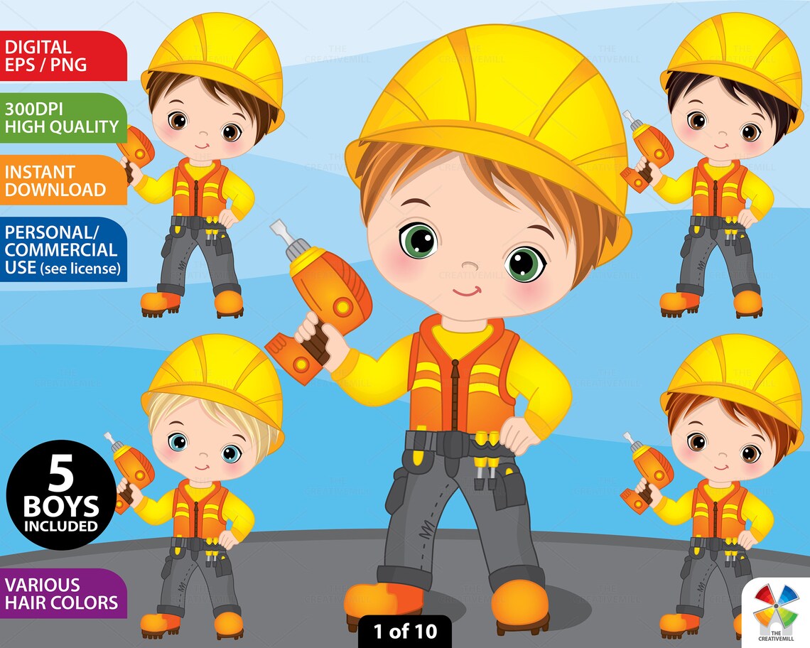 Construction Boy Clipart Vector Little Builder Kid Graphics - Etsy