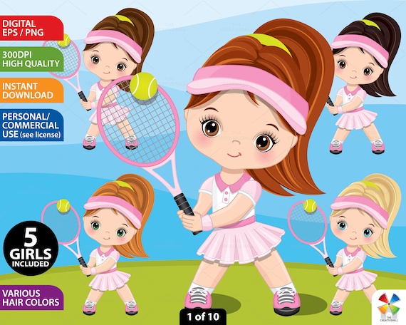 Tennis Girl Clipart Vector Tennis Pink Cute Girl Sport - Etsy