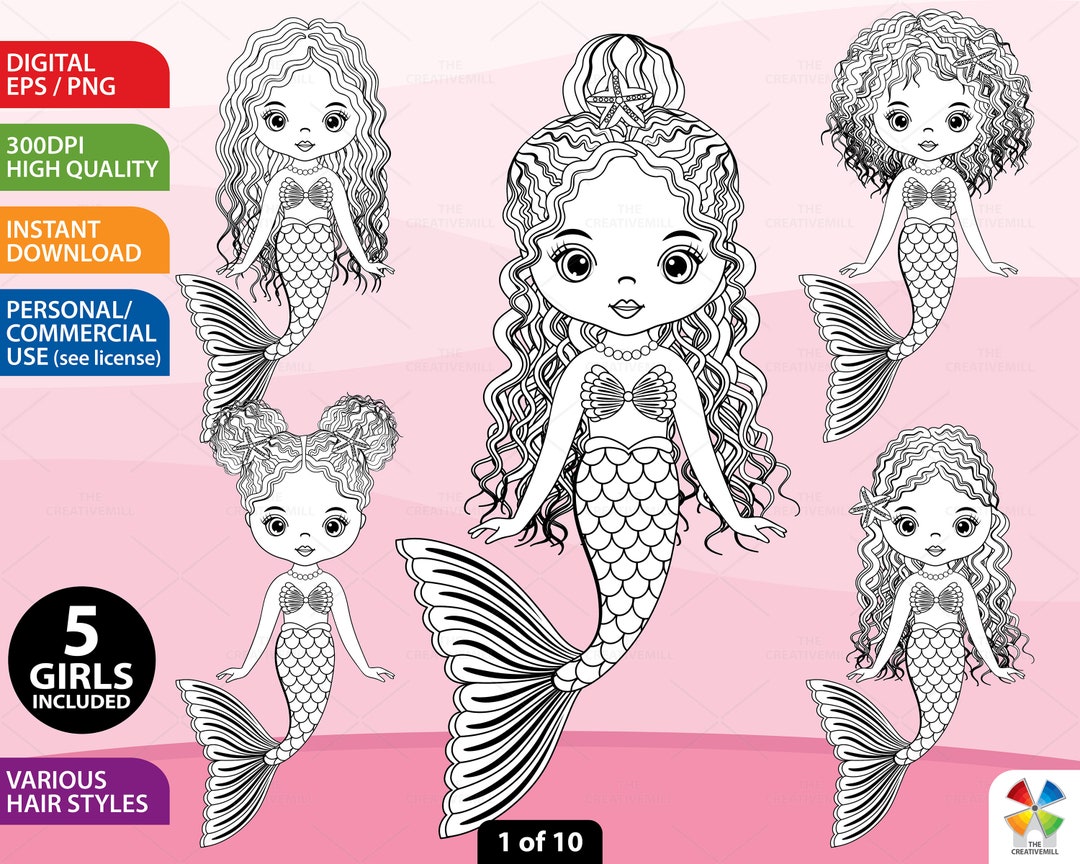 Black Mermaid Clipart, Vector Mermaid, Fish Girl, Stamp, Mermaid Girl ...