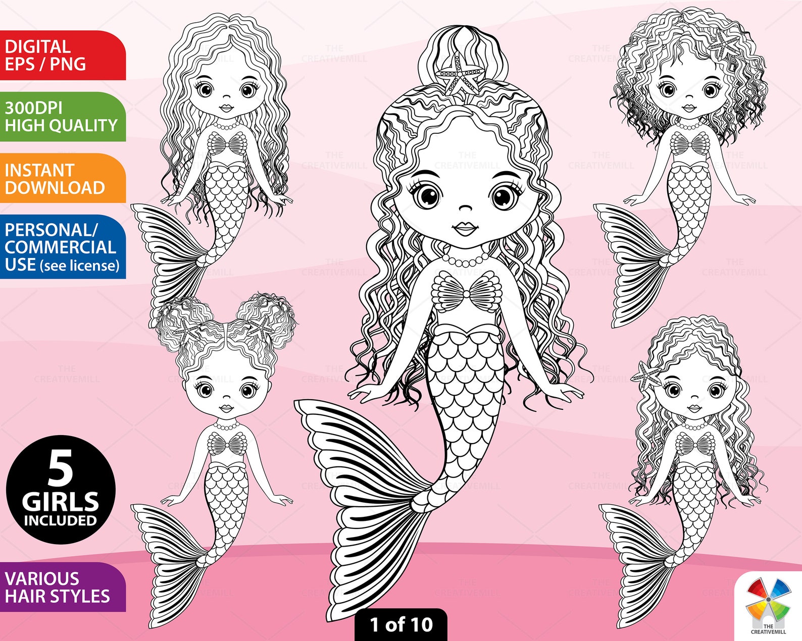 Black Mermaid Clipart Vector Mermaid Fish Girl Stamp - Etsy