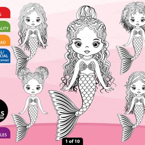 Black Mermaid Clipart, Vector Mermaid, Fish Girl, Stamp, Mermaid Girl ...