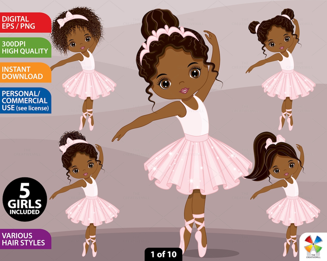 Pink Pastel Ballerina Clipart, Vector Ballet, Afro Puffs, Pink Tutu ...