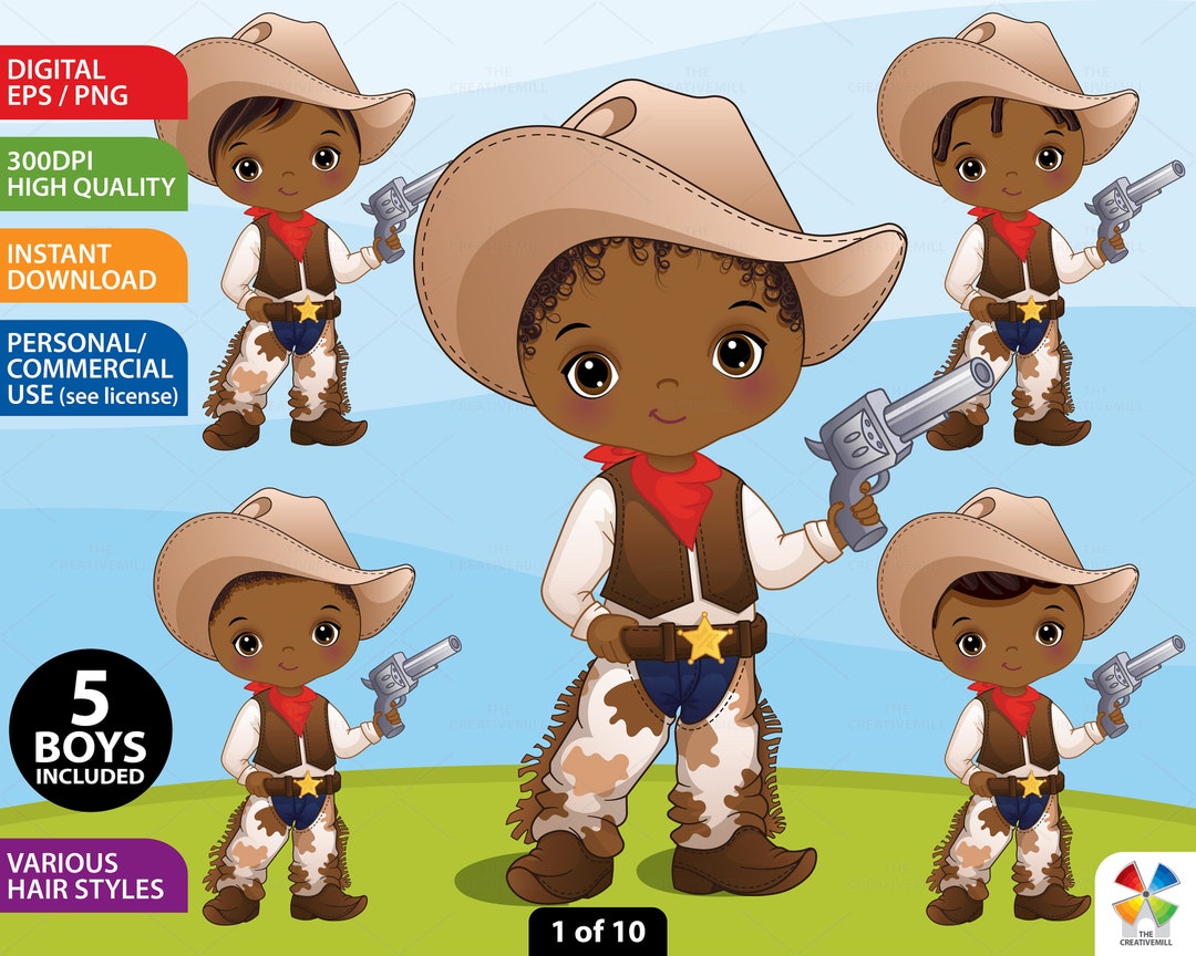 Little Cowboy Clipart, Vector Wild West, Afro Boy PNG, Boy With Gun ...