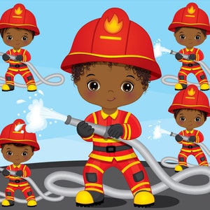 Firefighter Clipart, Vector Fireman, Afro Little Boy, Girl, Fire Hose ...