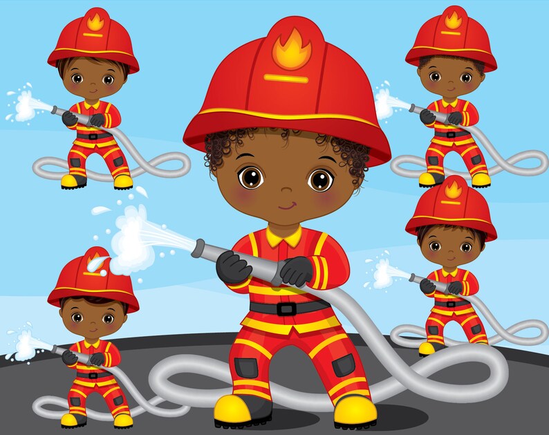 Firefighter Clipart Vector Fireman Afro Little Boy Girl - Etsy