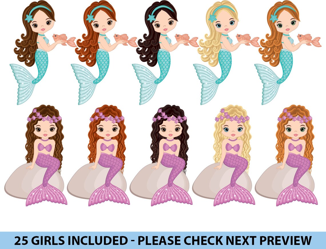 Mermaids Clipart Vector Mermaids Fish Girls Clipart Pastel - Etsy