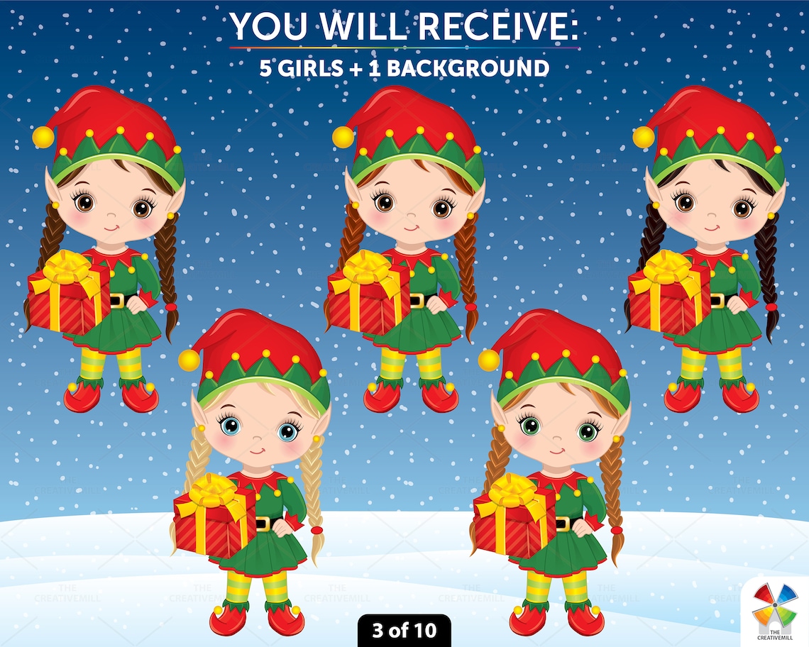 Christmas Elf Girl Clipart Vector Xmas Elf Santa Helper - Etsy
