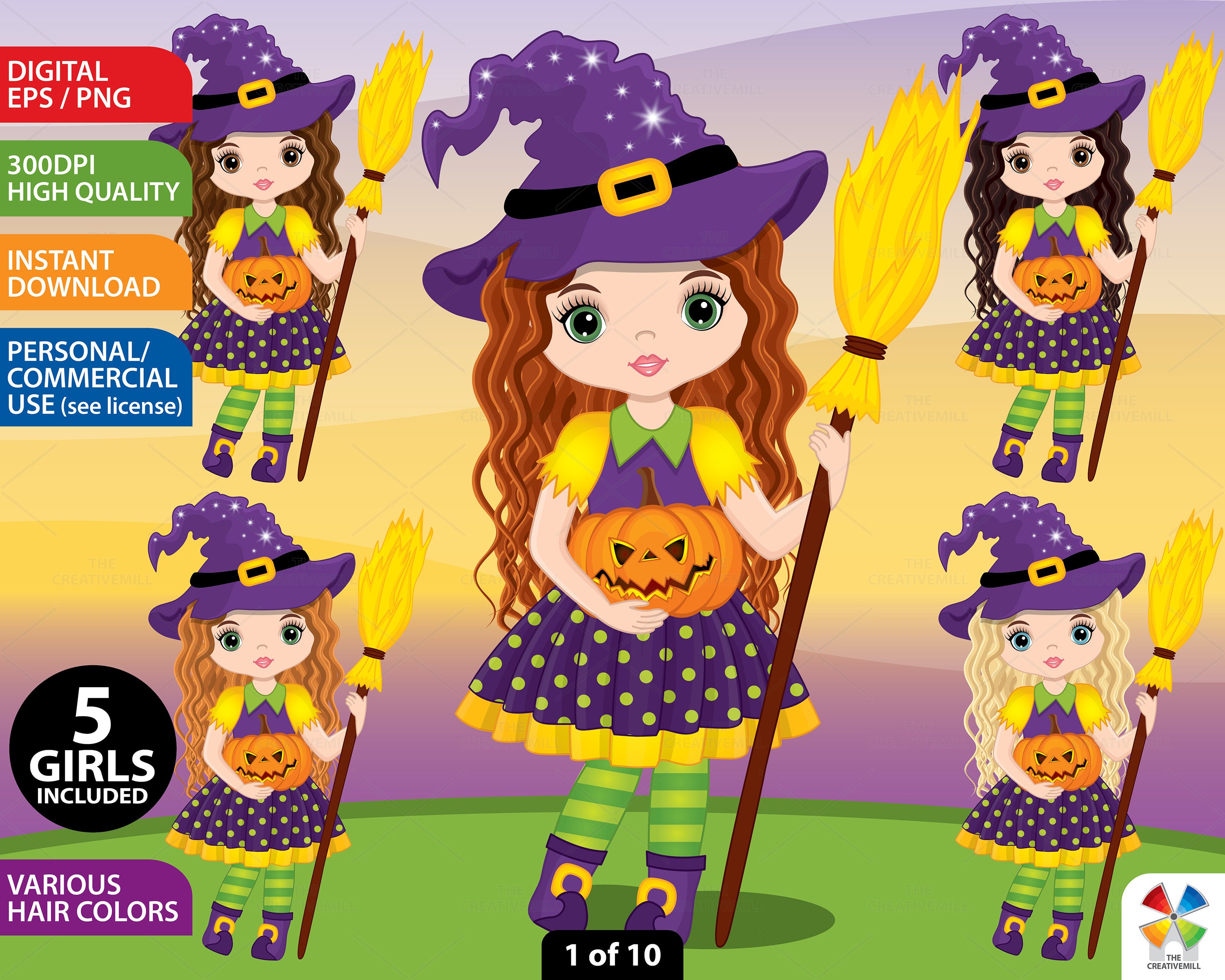 Witch Clipart Vector Halloween Cute Girl Witch Costume Kid - Etsy