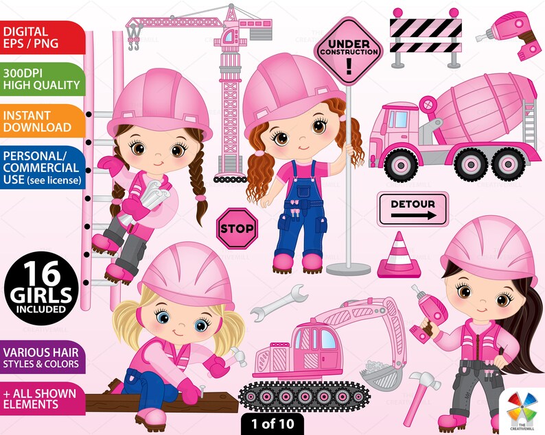 Construction Girls Clipart Vector Construction Little Girl - Etsy