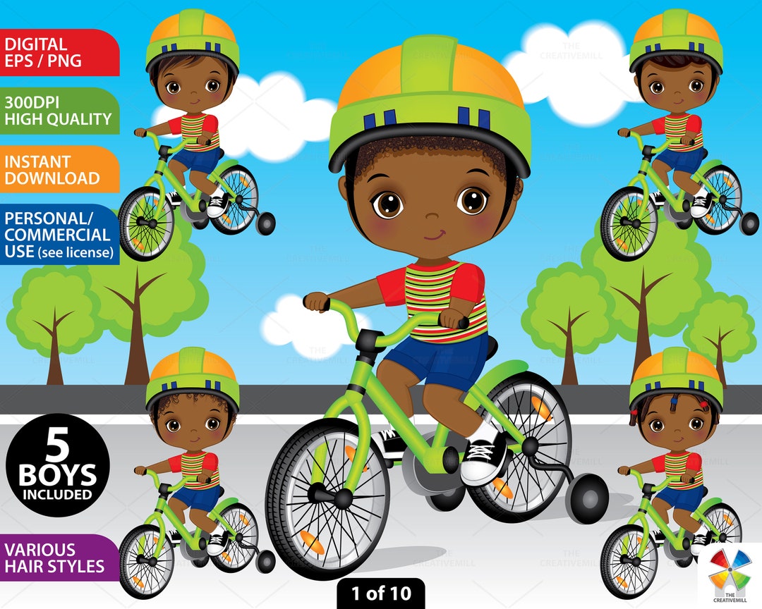 Bicycle Boy Clipart, Vector Boy Bike, Sport Kid Character, African American, Black Boy PNG, Afro ...