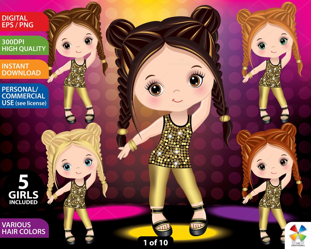 Disco Girl Clipart, Vector Dancer, Bun, Gold Sequins, Blond Children ...