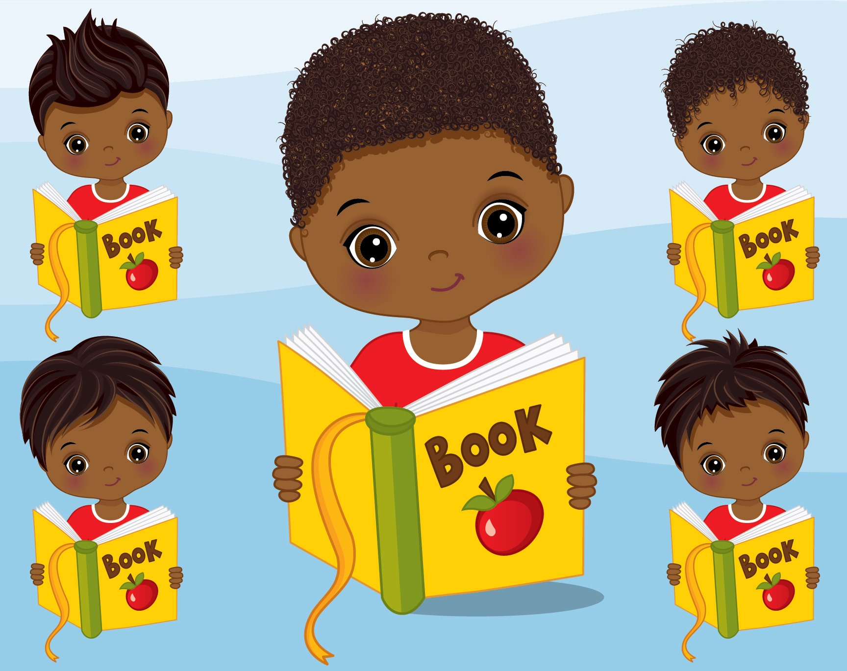 Boy Reading Clipart Vector School Kid African American | Etsy