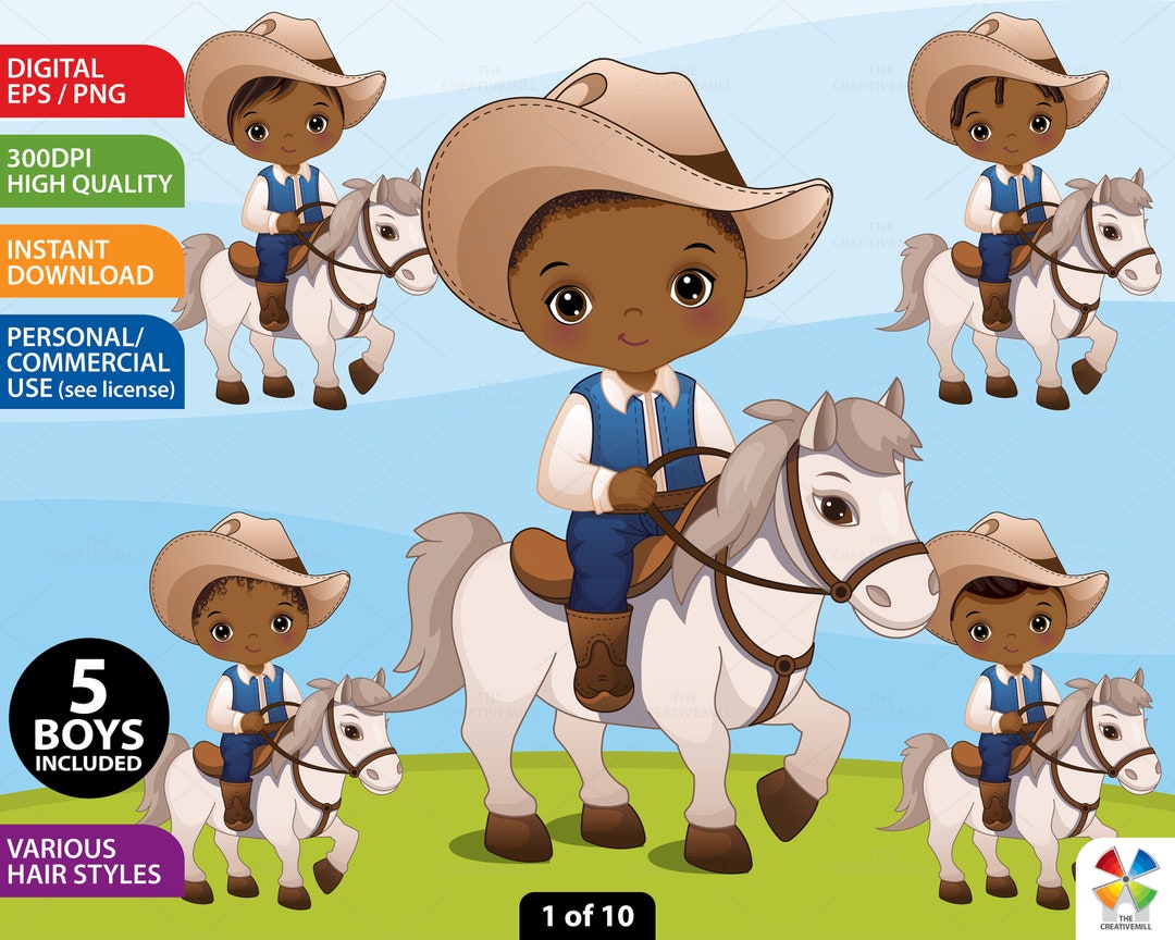 Little Cowboy Clipart, Vector Wild West, Afro Boy PNG, Boy Riding Horse ...