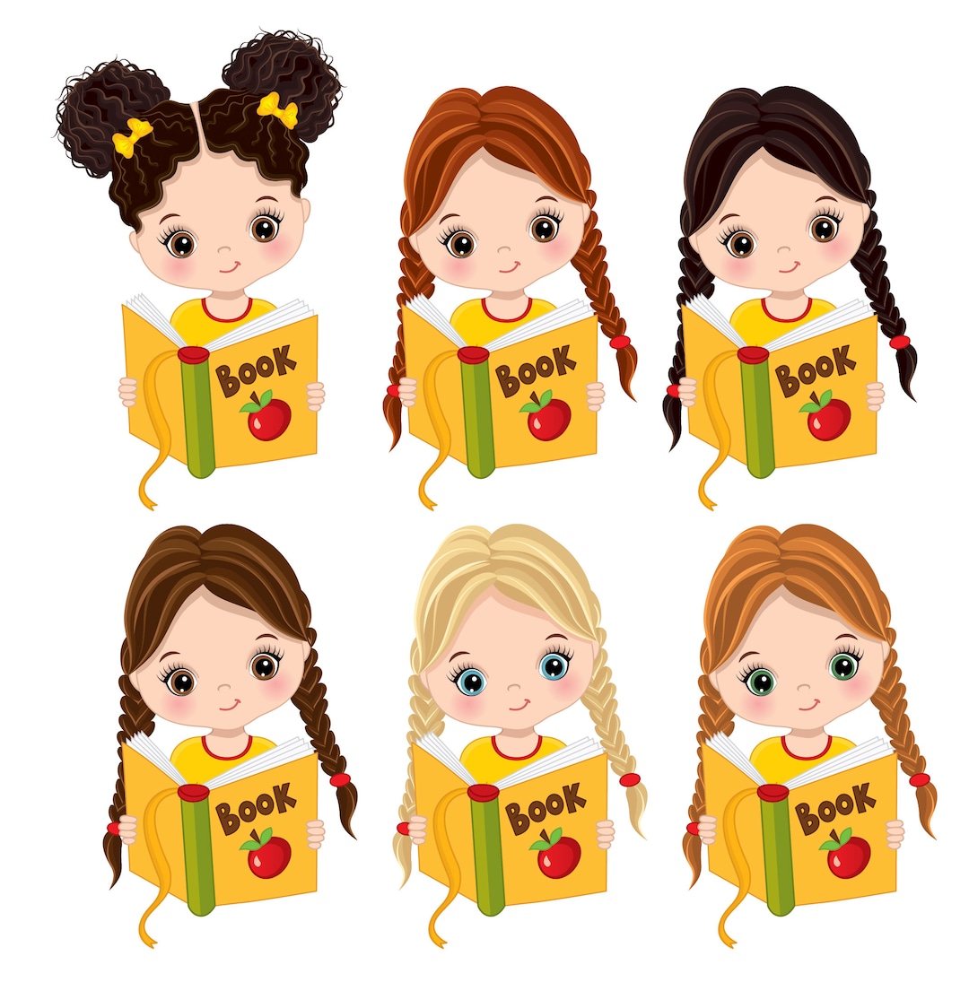 Girl Reading Clipart, Vector School Kid, Study, Student, Toddler, Girl ...