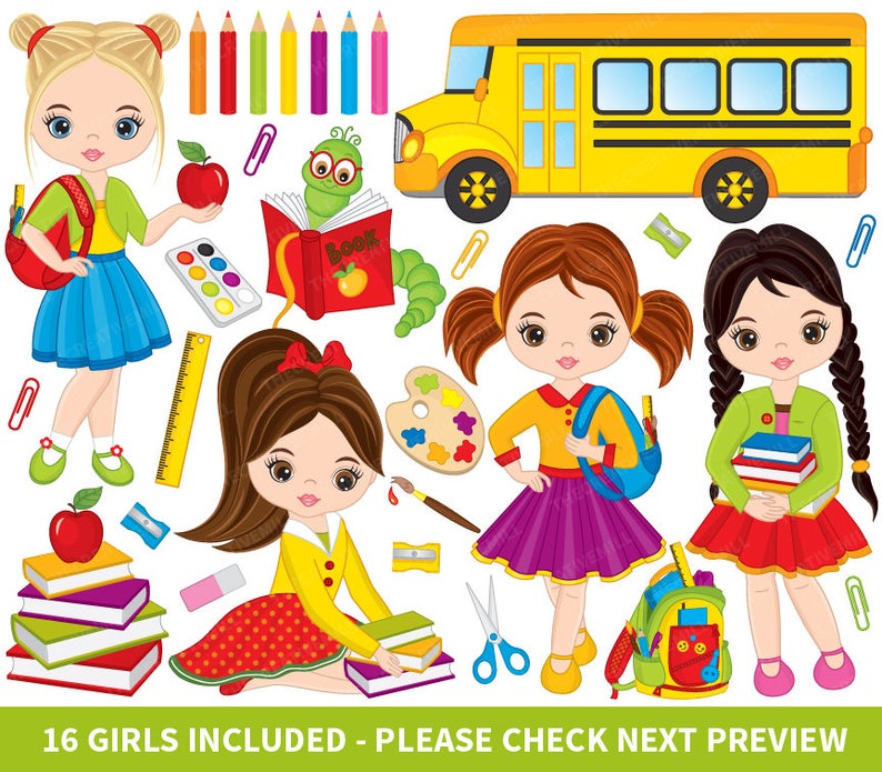 Back to School Clipart Vector School Clipart School Girls | Etsy
