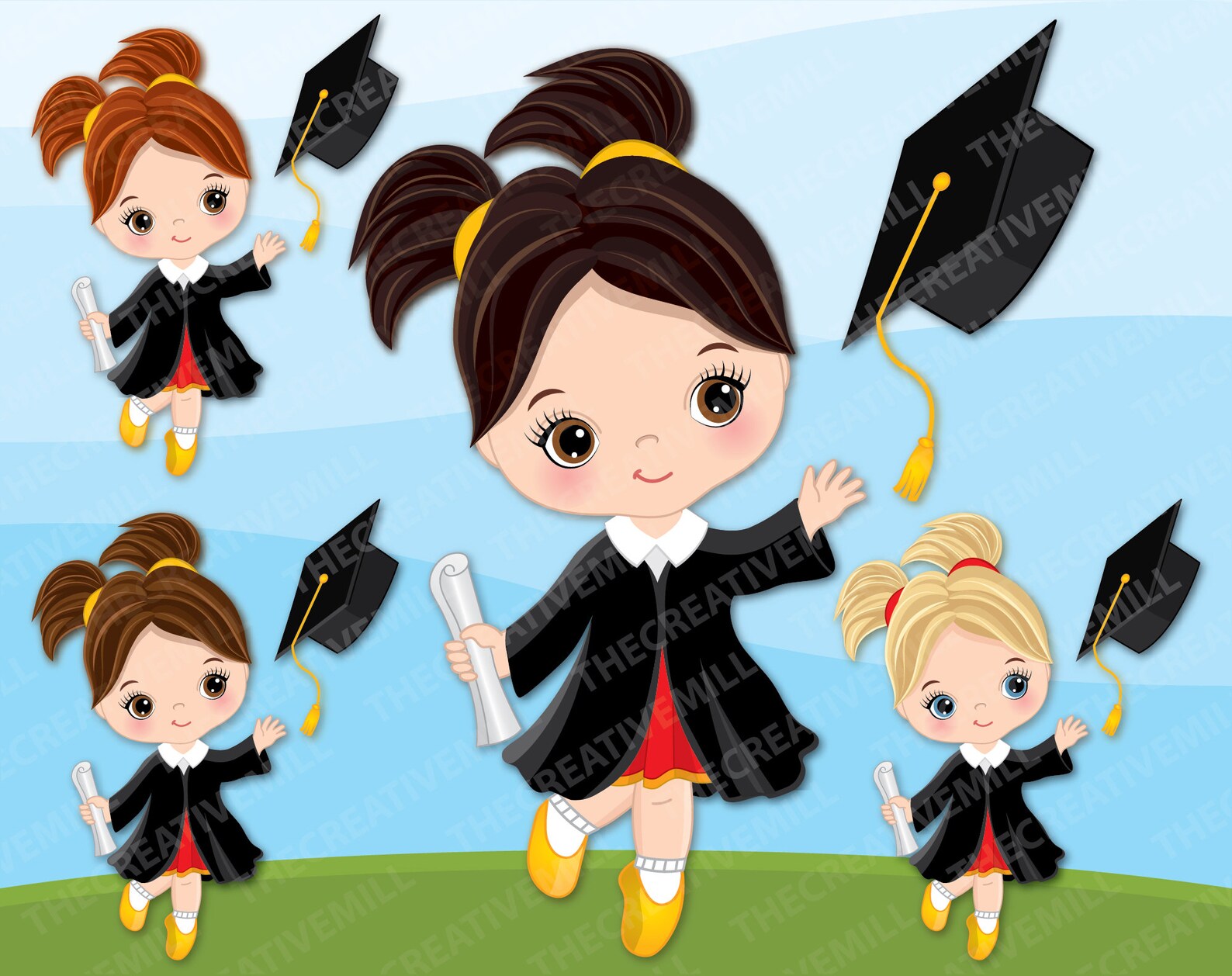 Graduation Girls Clipart Digital Vector Student Clipart | Etsy