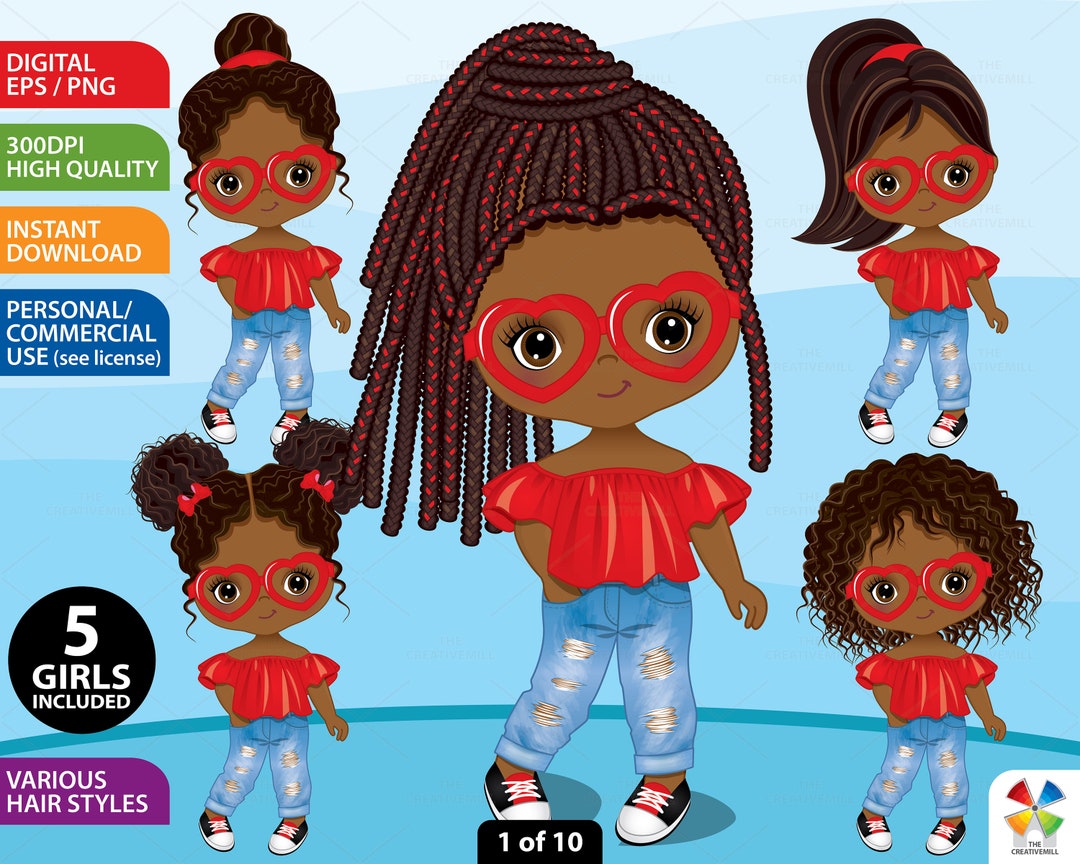 Cute Afro Girl Clipart, Vector Little Girl, Red, Denim, Jeans, Doll ...