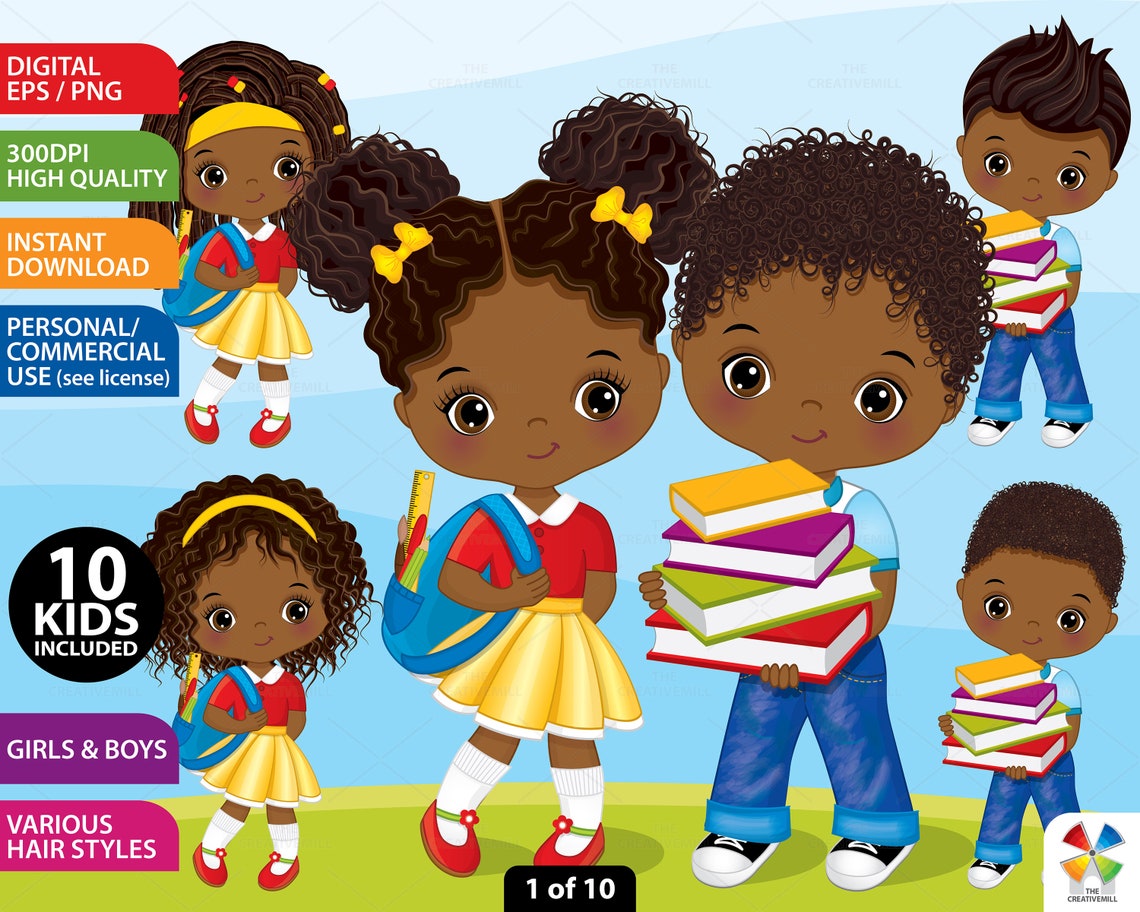 Back to School Clipart Vector School Afro Girl and Boy - Etsy