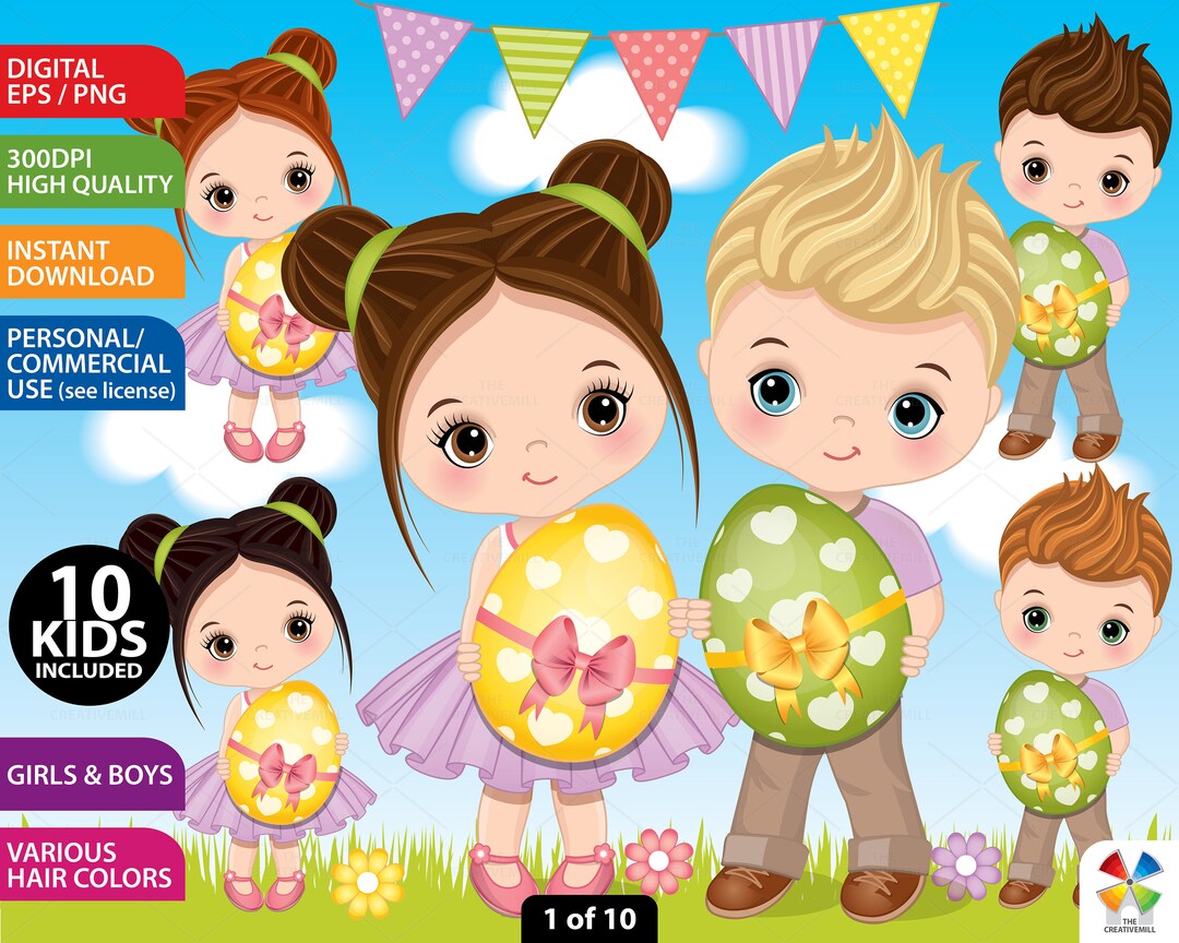 Easter Kid Clipart, Vector Easter Toddler, Cute Boy, Girl, Egg Hunt ...