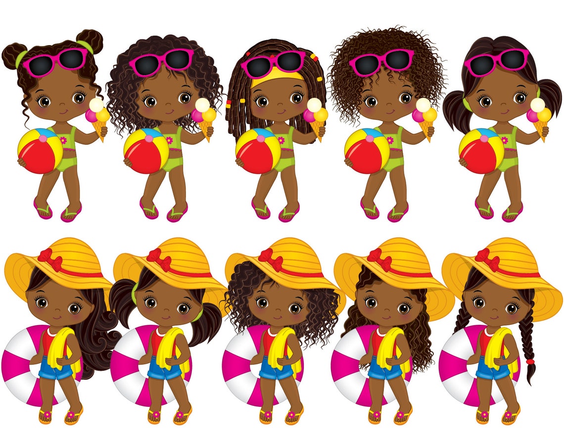 Afro Girl Beach Clipart Vector Summer Girl Cute Little Girl | Etsy