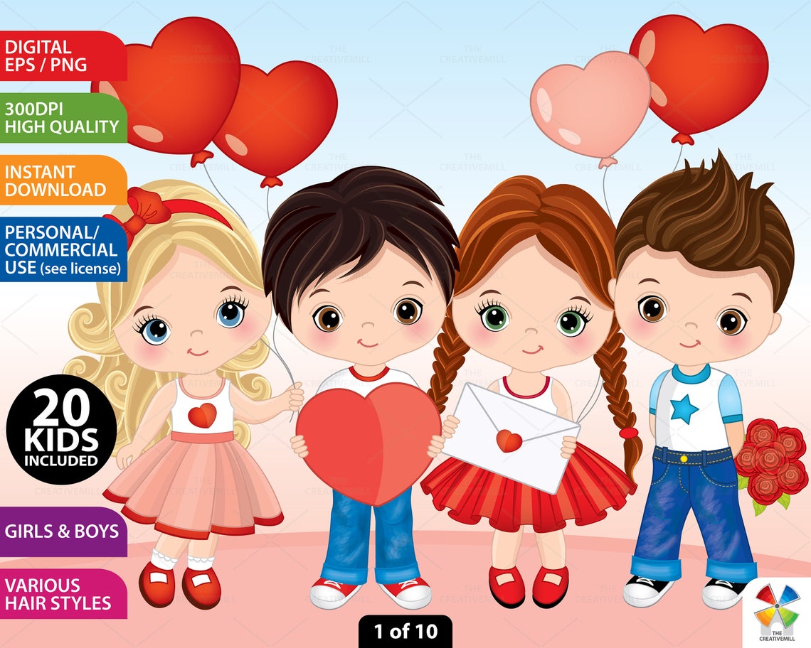 Valentines Day Kids Clipart Vector Love Kids Clipart Cute - Etsy