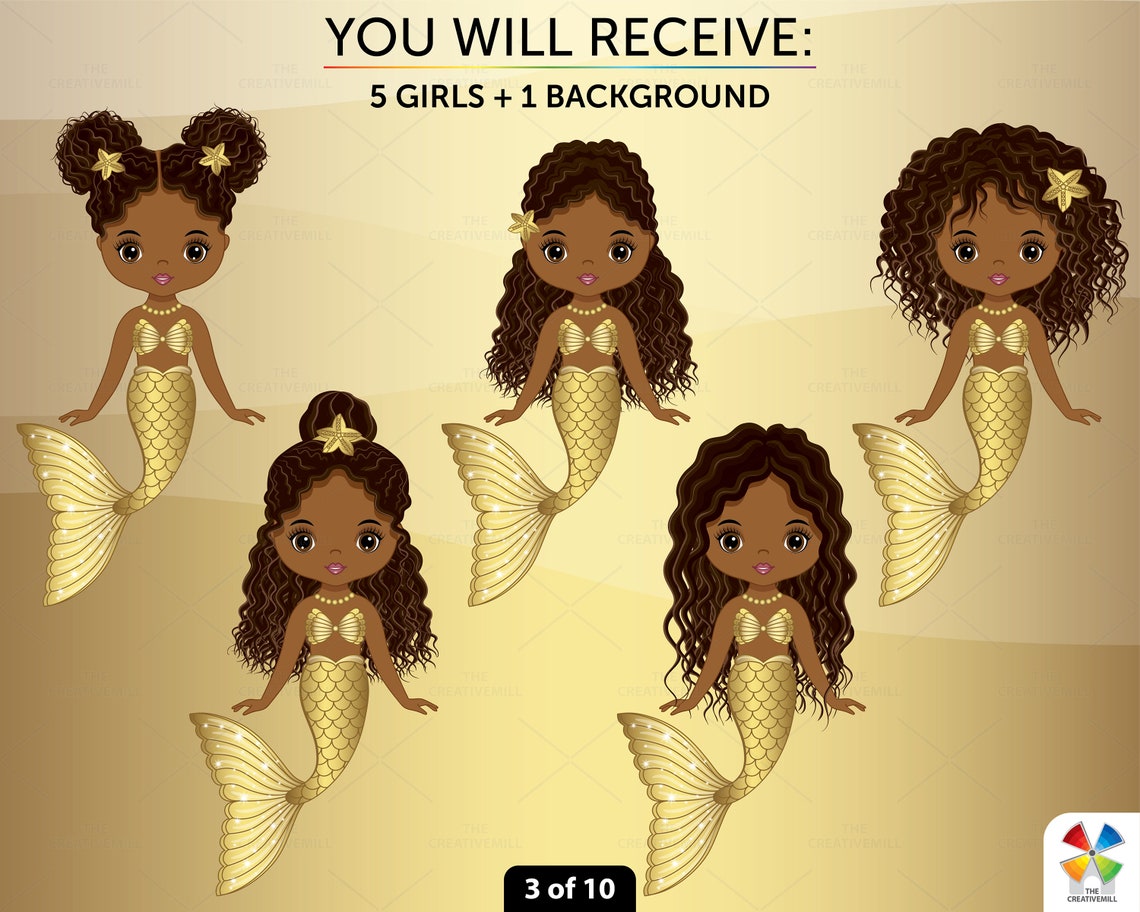 Gold Mermaid Clipart Vector Mermaid Fish Girl Black - Etsy