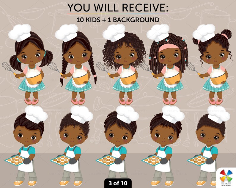 Little Chef Clipart, Vector Baking Kid, Girl, Boy, African, Cooking ...