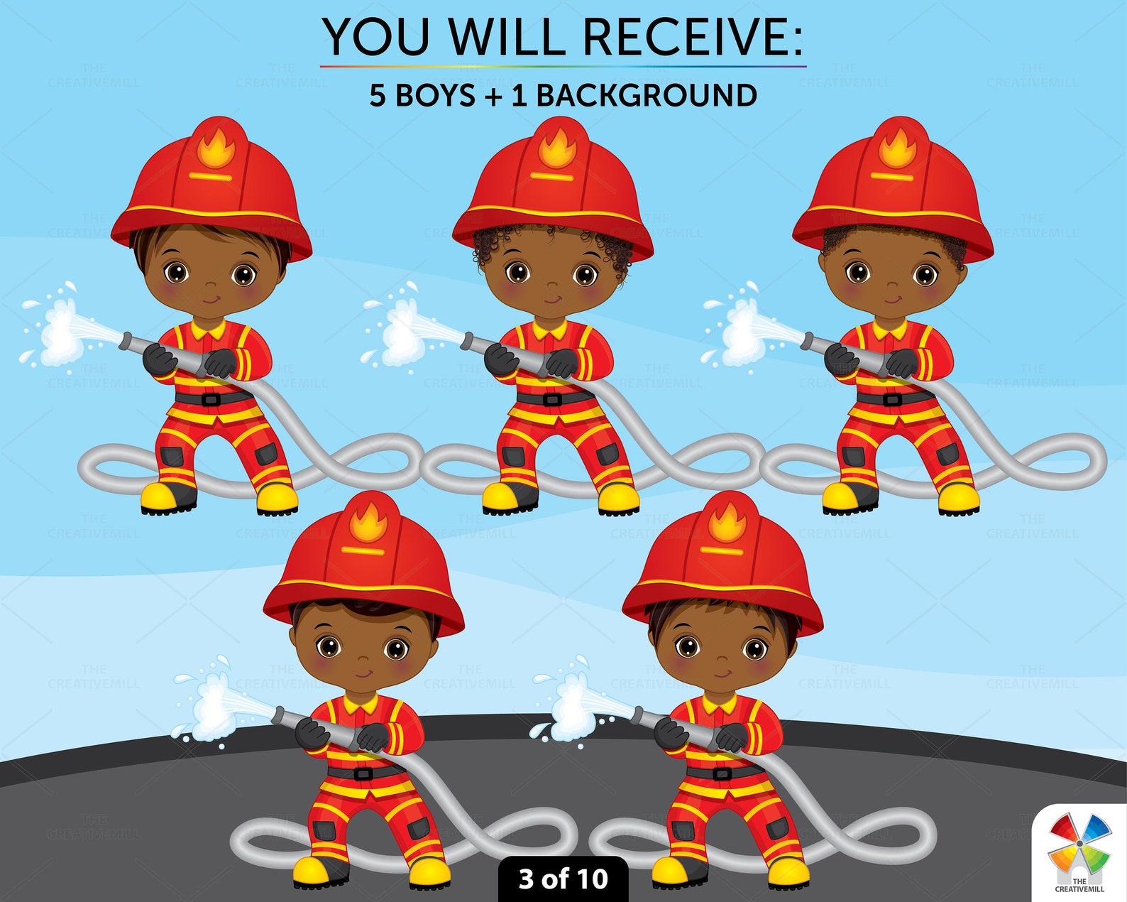 Black Boy Firefighter Clipart, Vector Fireman, Afro Little Boy, Fire ...
