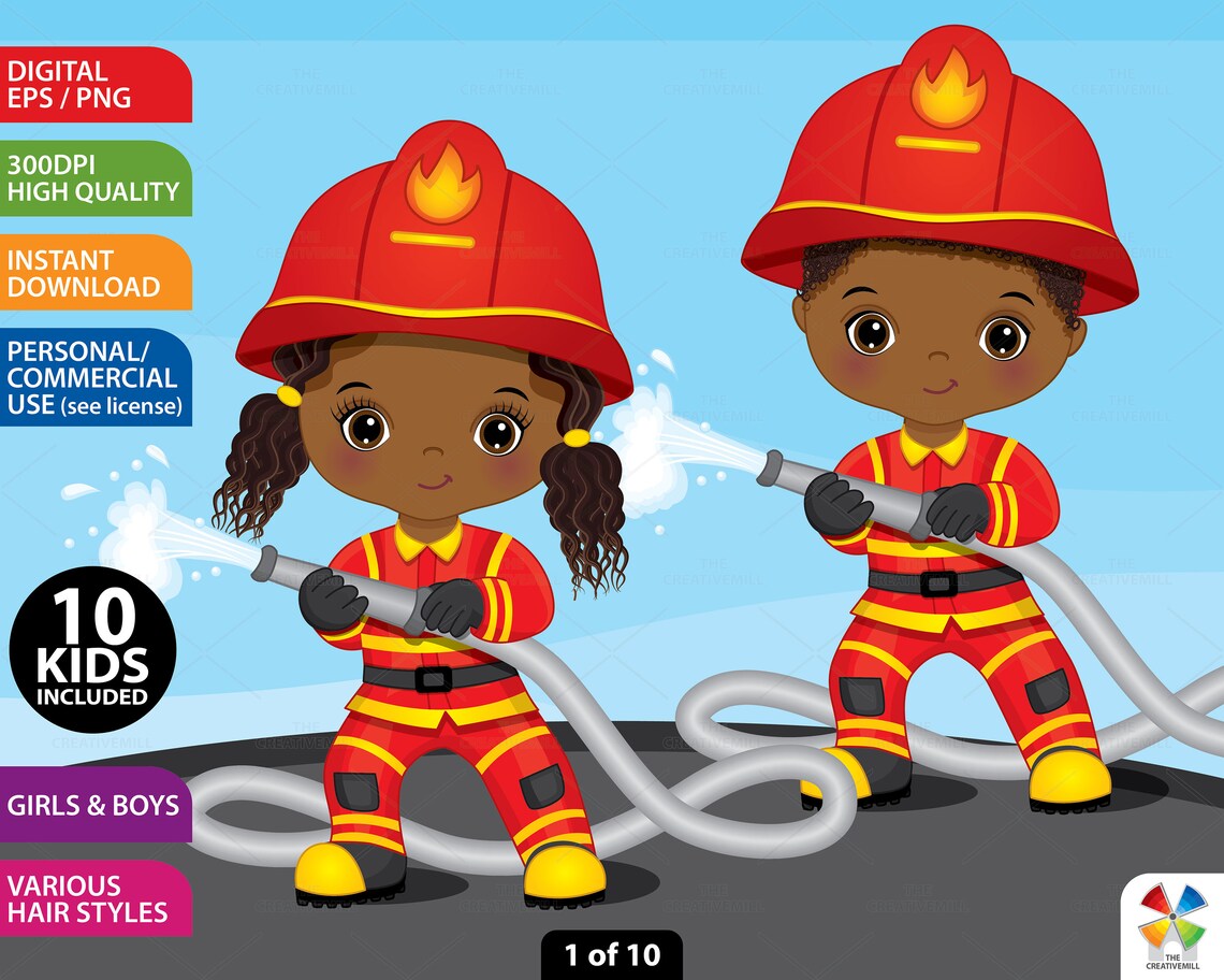 Firefighter Clipart Vector Fireman Afro Little Boy Girl - Etsy
