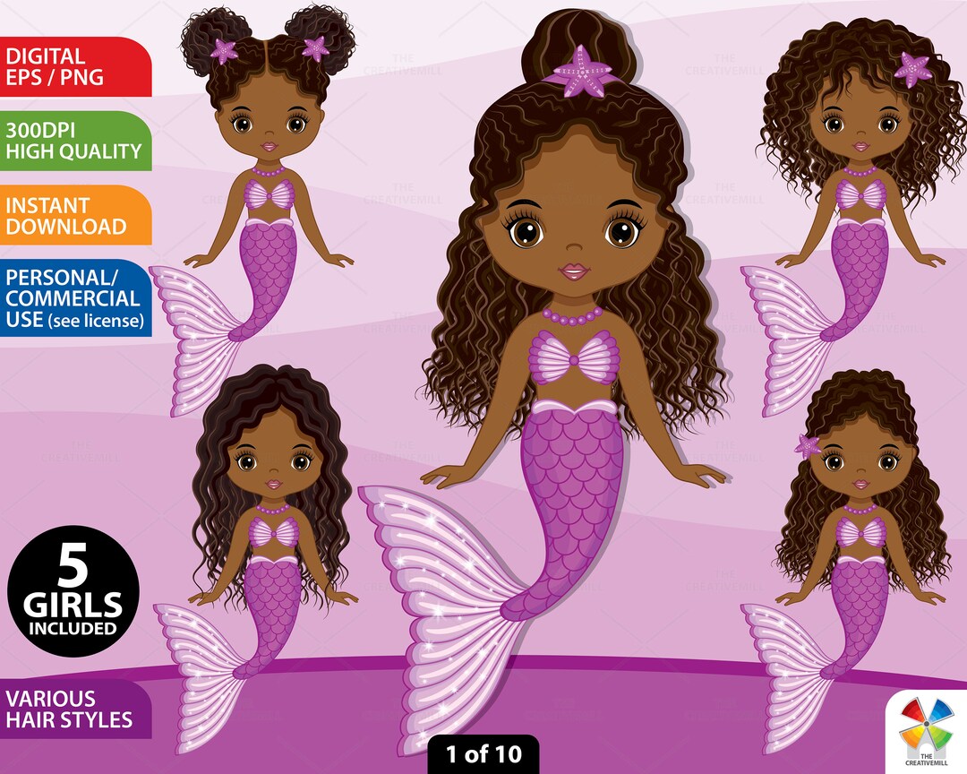 Purple Mermaid Clipart - Vector Mermaid, Fish Girl Clipart, Cute Black ...