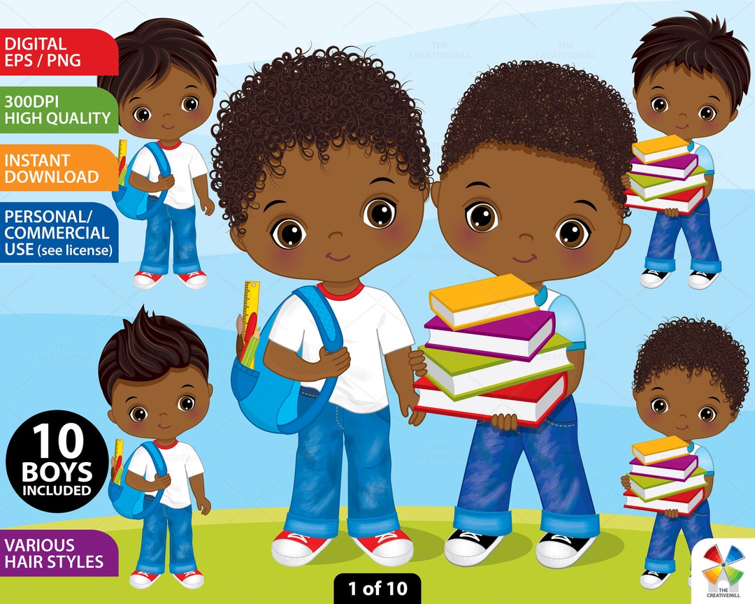 Back to School Black Boy Clipart - Vector School Clipart, African ...