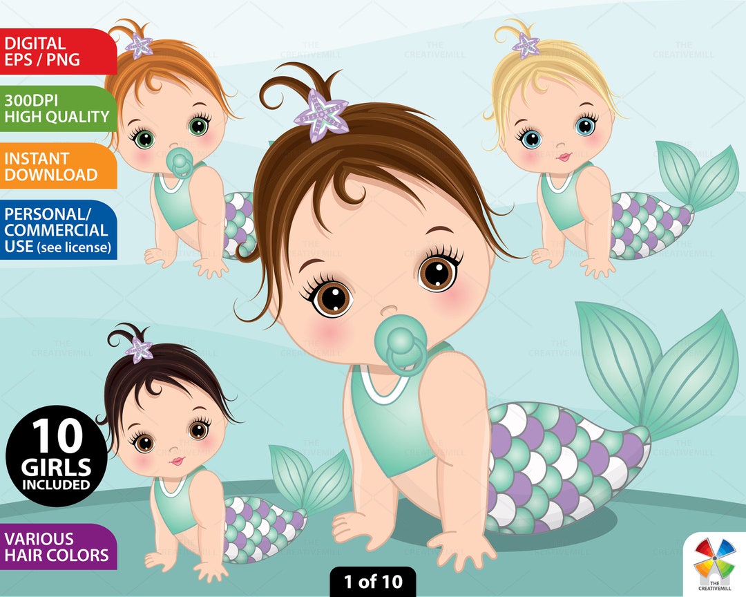 Cute Baby Mermaid Clipart, Vector Newborn, Baby Girl, Purple, Turquoise ...