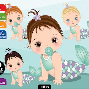 Cute Baby Mermaid Clipart, Vector Newborn, Baby Girl, Purple, Turquoise ...