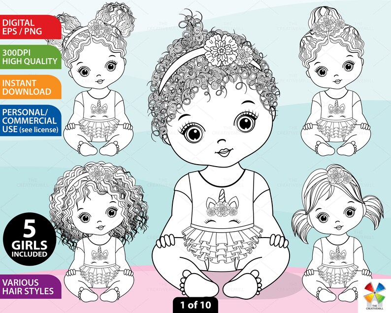 Unicorn Baby Girl Clipart Vector Unicorn Baby Coloring Afro - Etsy