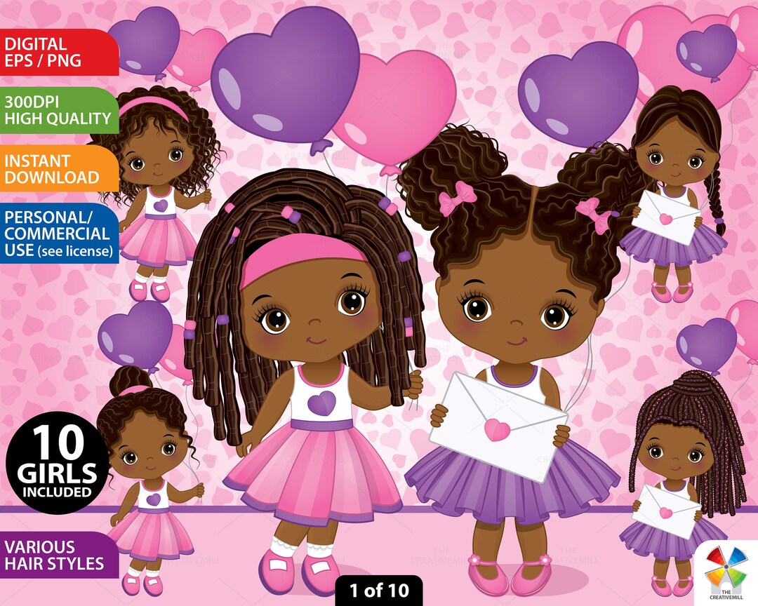 Valentines Day Clipart, Vector Valentine Day, African American Girl ...