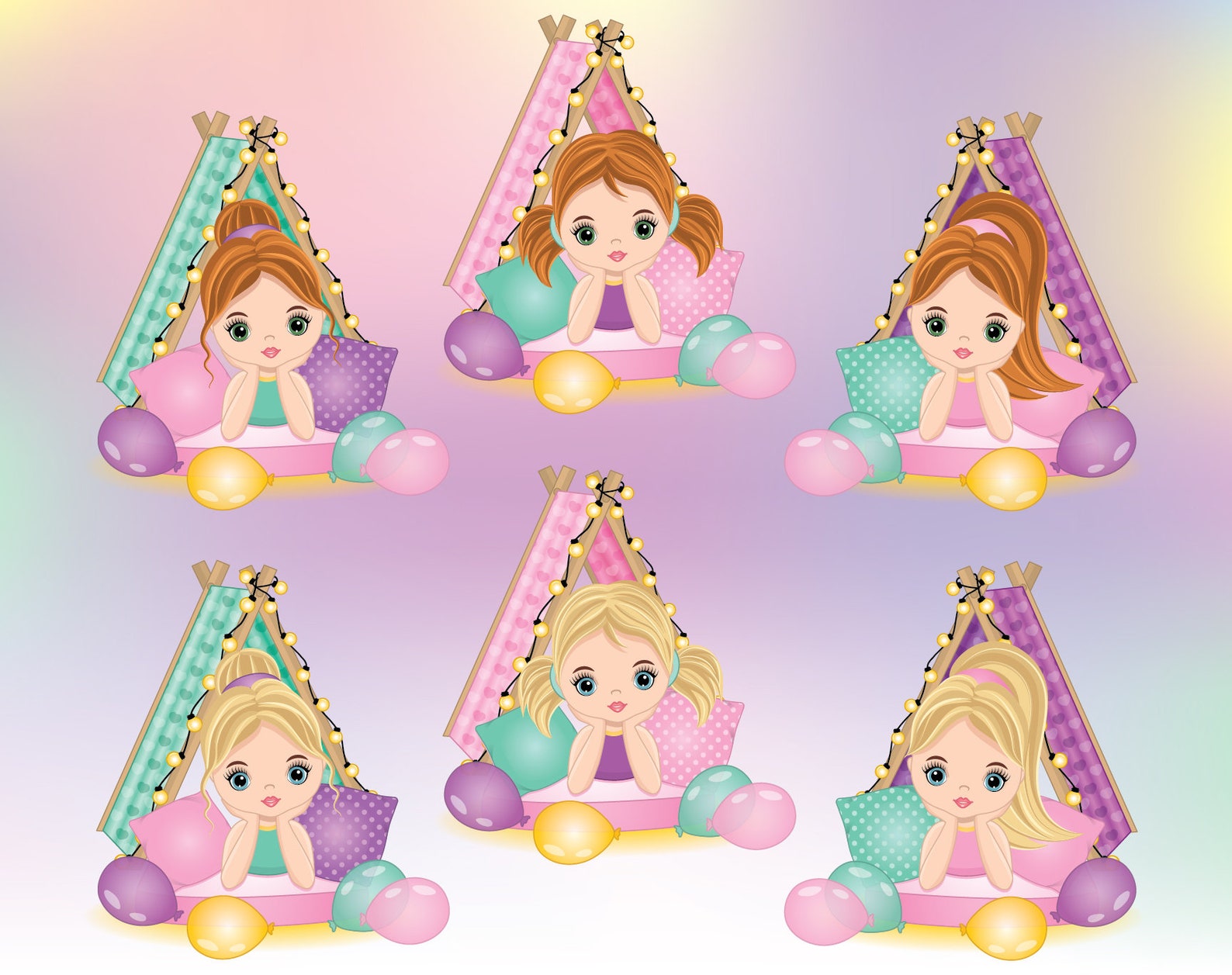Slumber Party Clipart Vector Teepee Sleepover Pastel Hair | Etsy