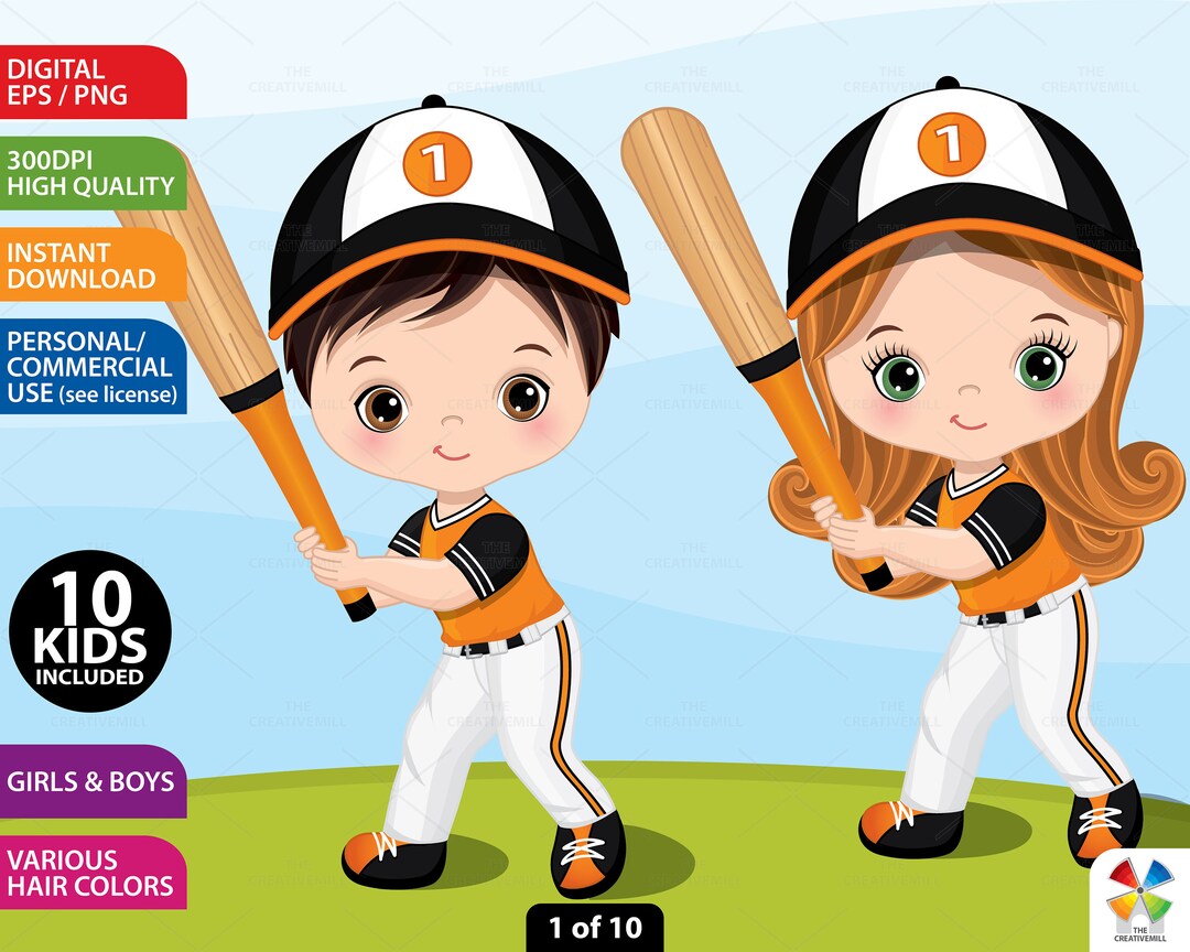 Baseball Clipart, Vector Baseball, Boy and Girl, Playing Baseball ...