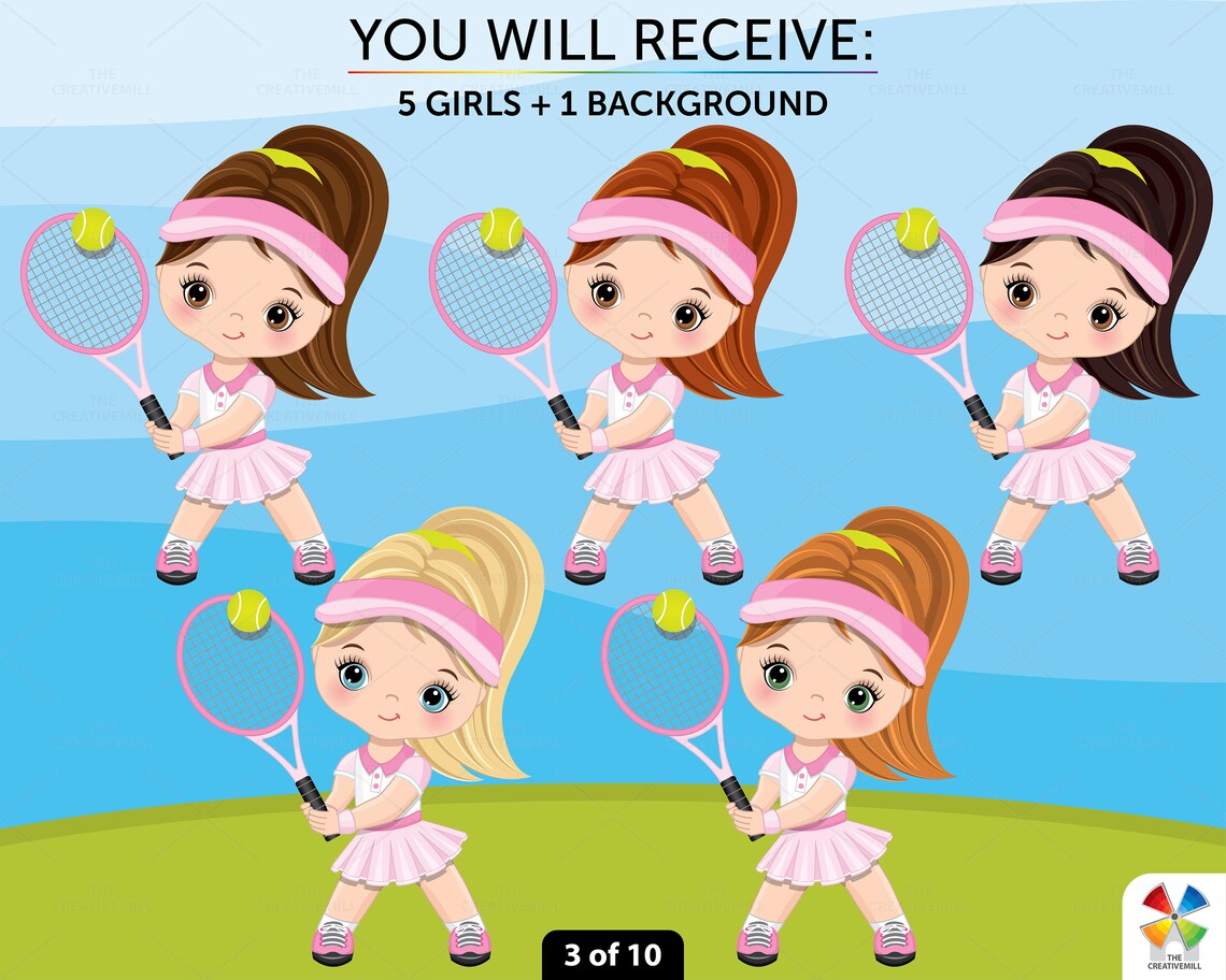 Tennis Girl Clipart Vector Tennis Pink Cute Girl Sport - Etsy